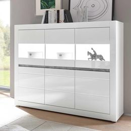 Pharao24.de Highboard Vitrine in Wei&szlig; Hochglanz LED Beleuchtung