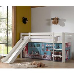 Pharao24.de Rutschen Hochbett in Wei&szlig; Vorhang mit Tier Motiven