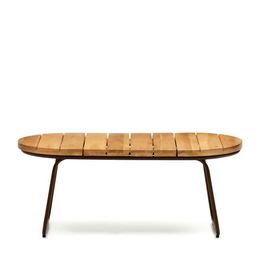 Pharao24.de Ovaler Outdoor Couchtisch aus Akazie Massivholz B&uuml;gelgestell