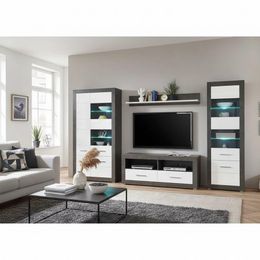 Pharao24.de Fernseher Wohnwand in Wei&szlig; Hochglanz und Beton Grau 315 cm breit (vierteilig)