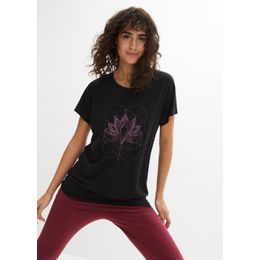 T-Shirt bonprix "Sport-Shirt, Loose Fit", Damen, Gr. 56/58 (XXXL), schwarz (schwarz bedruckt), Jersey, Obermaterial: 64% Polyester, 32% Viskose, 4% Elasthan, bedruckt, unifarben, oversize Po-bedeckend, Rundhals, angeschnitten, Shirts T-Shirt, Oversize Passform, Loose Fit, breites B&uuml;ndchen