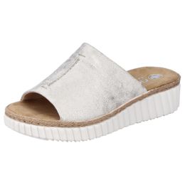 Pantolette Rieker, Damen, Gr. 41, beige (hellbeige), Lederimitat, metallic, Schuhe Pantolette, Keilabsatz, Sommerschuh, Schlappen mit Juterahmen an der Laufsohle