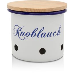 Kr&uuml;ger Vorratsdose KR&Uuml;GER "Emaille Vorratsdose Husum f&uuml;r Knoblauch mit Holzdeckel, 10 cm", blau (wei&szlig;, blau, natur), H:10,5cm &Oslash;:10cm, Emaille, Lebensmittelaufbewahrungsbeh&auml;lter, Vorratsdose, schnitt-/kratzfeste Oberfl&auml;che, Bakterienabweisend, extrem langlebig