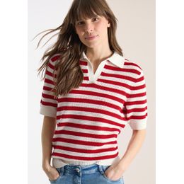 Kurzarmpullover Cecil, Damen, Gr. L (42), glazed apple rot, Strick, Obermaterial: 100% Baumwolle, gestreift, regular fit normal, V-Ausschnitt, Rippb&uuml;ndchen, Pullover, in Mesh-Qualit&auml;t