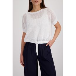 Ajourpullover monari "Pullover Basic Schmuck", Damen, Gr. 40, ecru, Strick, Obermaterial: 60% Baumwolle, 37% Polyamid, 3% Elasthan, unifarben, regular fit taillenbedeckt, Rundhals, angeschnitten Rippstrickb&uuml;ndchen, Pullover, Regular fit mit Strasssteinen