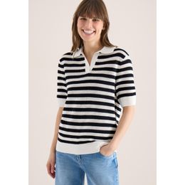 Kurzarmpullover Cecil, Damen, Gr. L (42), universal blau, Strick, Obermaterial: 100% Baumwolle, gestreift, regular fit normal, V-Ausschnitt, Rippb&uuml;ndchen, Pullover, in Mesh-Qualit&auml;t
