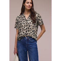 Kurzarmbluse Street One, Damen, Gr. 34, beige (timeless beige), Web, Obermaterial: 100% Viskose, l&auml;ssig geschnitten h&uuml;ftbedeckend, Rundhals, abgesteppte Kante, Blusen, Sommerbluse mit Animal Print
