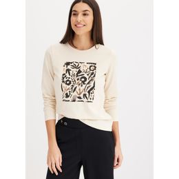Langarmshirt bonprix, Damen, Gr. 44/46 (L), kieselbeige, schwarz, mokkabraun bedruckt, Jersey, Obermaterial: 95% Baumwolle, 5% Elasthan, bedruckt, unifarben, figurumspielend h&uuml;ftbedeckend, Rundhals, Shirts Langarmshirt, Slim fit, Langarm, Druck mit Pailletten, f&uuml;r Fr&uuml;hling und Sommer