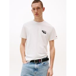 T-Shirt Tommy Jeans "TJM SLIM STACK LOGO TEE EXT", Herren, Gr. M, beige (ecru), Single Jersey, Obermaterial: 100% Baumwolle, unifarben, regular fit normal, Rundhals, eingesetzt abgesteppte Kante, Shirts T-Shirt, Mit Rundhalsausschnitt