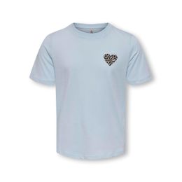 T-Shirt KIDS Only "KOGREXI STATEM. HEART REG. SS TOP CS JRS", M&auml;dchen, Gr. 122/128, ballad blau print:leo heart, Jersey, Obermaterial: 100% Baumwolle, bedruckt, unifarben, Basic normal, Rundhals, Shirts T-Shirt