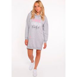 Sweatkleid Zwillingsherz "Love Amour Liebe", Damen, Gr. S, N-Gr, grau (light grau), Sweatware, Obermaterial: 50% Baumwolle, 50% Polyester, unifarben, l&auml;ssig geschnitten kniefrei, hoch geschlossener Ausschnitt, angesetztes B&uuml;ndchen, Kleider Sweatkleid, mit praktischen Fronttaschen und bedruckter Kordel
