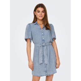 Jeanskleid Only "ONLHELENA SS BELTED DNM DRESS QYT", Damen, Gr. L, N-Gr, light blau denim, Denim/Jeans, Obermaterial: 100% Lyocell, unifarben, regular fit kurz, V-Ausschnitt, Kleider, Viskose, regular fit