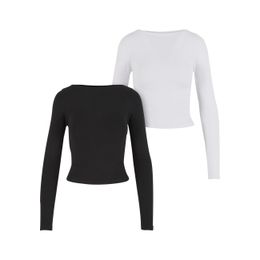 Longsleeve Urban Classics "Urban Classics Ladies Ruffled Super Slim Longsleeve 2-Pack", Damen, Gr. 4XL, schwarz-wei&szlig; (schwarz, wei&szlig;), 100% Baumwolle, unifarben, slim fit, Rundhals, Shirts
