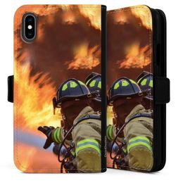 DeinDesign iPhone X Handy Klapph&uuml;lle Handyh&uuml;lle aus Kunst Leder schwarz Flip Case Fire Fighter Fire Fighters Life Saver Sideflip mit langer Lasche