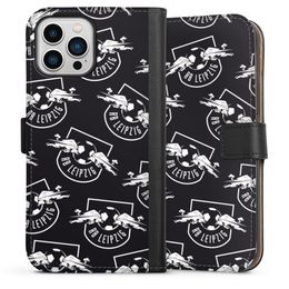 DeinDesign iPhone 13 Pro Max Handy Klapph&uuml;lle Handyh&uuml;lle aus Kunst Leder schwarz Flip Case Rb Leipzig Logo Muster Sideflip mit langer Lasche