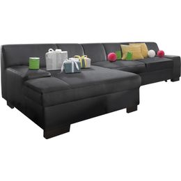 Ecksofa DOMO collection "Norma, elegant & modern, mit flachen Armlehnen, Breite 268cm, L-Form", schwarz, B:268cm H:74cm T:153cm, NaturLEDER in Sitz und R&uuml;cken. Korpus in passendem Kunstleder SOFTLUX bezogen;Struktur (90% Polyester, 10% Polyacryl);Mosel Struktur (100% Polyester);Kunstleder SOFTLUX;Microfaser-PRIMABELLE (100% Polyester), Sofas, Ecksofa, wahlweise mit Bettfunktion