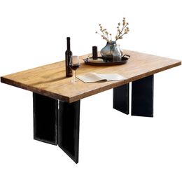 Esstisch Sit, beige (natur, schwarz, schwarz, natur), B:220cm H:77cm T:100cm, recyceltes Teak, Metall, Tische, Esstisch, Gestell im Used Look