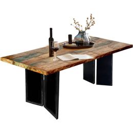Esstisch Sit, bunt (bunt, schwarz, schwarz, bunt), B:220cm H:77,6cm T:100cm, recyceltes Altholz, Metall, Tische, Esstisch, Platte bunt lackiert