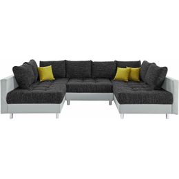 Wohnlandschaft Collection AB "Antonia U-Form, B: 298 cm", schwarz (hellgrau, schwarz), B:298cm H:86cm T:184cm, Luxus-Kunstleder / Struktur (100% Polyester);Microfaser PRIMABELLE (100% Polyester) / Struktur (20% Polyacryl; 80% Polyester);Zierkissen: 100% Polyester;Kunstleder SOFTLUX / Struktur (20% Polyacryl; 80% Polyester), Sofas, Wohnlandschaft, Set: mit Hocker & Zierkissen, Federkern