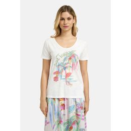 V-Shirt Milano Italy, Damen, Gr. L, wei&szlig;, Single Jersey, Material: 50% Baumwolle, 50% Modal, Glitzermuster, bedruckt, regular fit normal, tiefer Rundhals, eingesetzt gerader Abschluss, Shirts, mit Glitzersteinchen