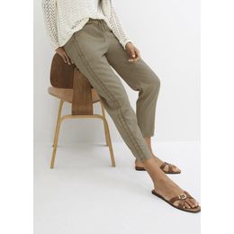 bonprix Leinenhose mit seitlichem Spitzeneinsatz kn&ouml;chelfrei, gr&uuml;n, Gr.52, Bequeme Leinenhose mit praktischen Taschen und Spitzendetails, aus Leinen,Viskose