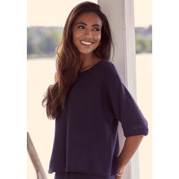3/4-Arm-Shirt ELBSAND, Damen, Gr. 32/34, marine, Feinstrick, Obermaterial: 55% Baumwolle, 45% Nylon, unifarben, weit h&uuml;ftlang, U-Boot-Ausschnitt, eingesetzt, Shirts 3/4-Arm-Shirt, mit U-Boot Ausschnitt, Loungewear
