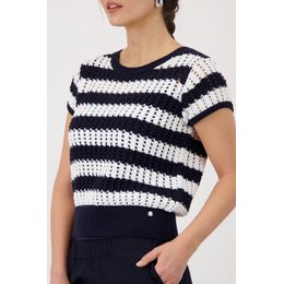 Strickpullover monari, Damen, Gr. 42, marine ger, Strick, Obermaterial: 100% Baumwolle, gestreift, regular fit taillenbedeckt, Rundhals, eingesetzt Rippb&uuml;ndchen, Pullover Strickpullover, Regular fit mit Ajour-Muster