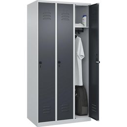 C+P Spind Classic PLUS, 3 Abteile, lichtgrau / grau, B 900 mm, mit Bodengleitern, Drehriegel