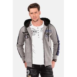 Cipo & Baxx Sweatjacke CIPO & BAXX "Sweatjacken", Herren, Gr. L, grau melange, 70% Baumwolle, 30% Polyester, bedruckt, regular fit normal, Raglan&auml;rmel B&uuml;ndchen, Sweatjacken Sweatjacke, mit Materialmix und Label-Details, CL-312