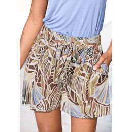 Strandshorts Lascana, Damen, Gr. 34, N-Gr, bunt (creme, khaki, hellblau, braun bedruckt), Jersey, Obermaterial: 100% Viskose, bedruckt, figurumspielend kurz, Hosen Strandshorts, mit fixiertem Bindeg&uuml;rtel, kurze Hose mit Alloverprint, Sommershorts
