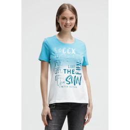 Rundhalsshirt SOCCX, Damen, Gr. S, ocean flash, Single Jersey, Material: 100% Baumwolle, Glitzermuster, bedruckt, slim fit normal, Rundhals, eingesetzt gerader Abschluss, Shirts Rundhalsshirt, aus Baumwolle