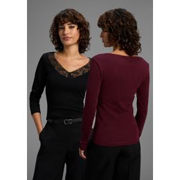 Longsleeve Laura Scott, Damen, Gr. 40/42, rot (schwarz, bordeaux), Rippware, Obermaterial: 100% Baumwolle. Spitze: 95% Polyester, 5% Elasthan, unifarben, k&ouml;rpernah h&uuml;ftbedeckend, V-Ausschnitt, Shirts, mit toller Spitzenkante