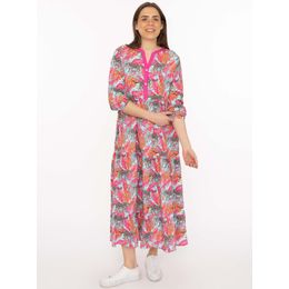 Maxikleid Zwillingsherz "Wild Jungle", Damen, Gr. L/XL, N-Gr, bunt, Web, Obermaterial: 100% Viskose, gemustert, mehrfarbig, kn&ouml;chelfrei, V-Ausschnitt, gerader Abschluss mit Gummizug, Kleider Maxikleid, Mustermix mit Leopard, Knopfleiste und 3/4 Arm