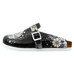 Hausschuh DOGO "Comfie Pantoletten Hausschuhe Bee With Flowers Damen Sandalen", Damen, Gr. 37, Normalschaft, schwarz, Lederimitat, Schuhe Hausschuh, Handgefertigt
