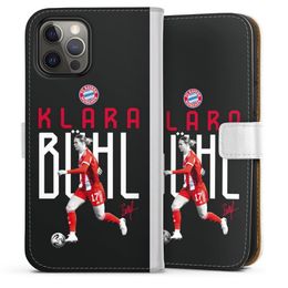 DeinDesign iPhone 12 Pro Max Handy Klapph&uuml;lle Handyh&uuml;lle aus Kunst Leder wei&szlig; Flip Case Fc Bayern M&uuml;nchen Klara B&uuml;hl Official Licensed Product Sideflip mit 