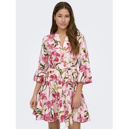 Tunikakleid Only "ONLSINA LIFE 3/4 SHORT DRESS NOOS WVN", Damen, Gr. XS, N-Gr, roseate spoonbill aop:sina flower, Web, Obermaterial: 100% Polyester, bedruckt, regular fit, V-Ausschnitt, Volant, Kleider, mit Volant