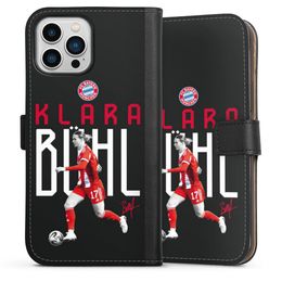 DeinDesign iPhone 13 Pro Max Handy Klapph&uuml;lle Handyh&uuml;lle aus Kunst Leder schwarz Flip Case Fc Bayern M&uuml;nchen Klara B&uuml;hl Official Licensed Product Sideflip mit 