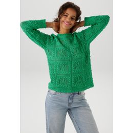 Strickpullover Aniston CASUAL, Damen, Gr. 38, gr&uuml;n (smaragdgr&uuml;n), Strick, Obermaterial: 50% Baumwolle, 50% Polyacryl, unifarben, figurumspielend h&uuml;ftlang, Rundhals, gewellter Abschluss, Pullover Strickpullover, im attraktiven Ajour-Muster-Mix