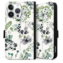 DeinDesign iPhone 14 Pro Max Handy Klapph&uuml;lle Handyh&uuml;lle aus Kunst Leder schwarz Flip Case Flowers Water Colour Eukalyptus Sideflip mit Lasche