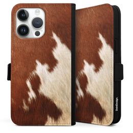 DeinDesign iPhone 14 Pro Max Handy Klapph&uuml;lle Handyh&uuml;lle aus Kunst Leder schwarz Flip Case Fur Cow Animal Look Sideflip mit Lasche