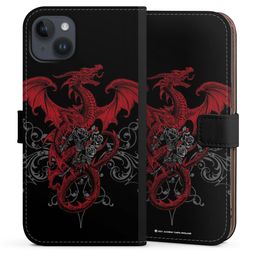DeinDesign iPhone 14 Plus Handy Klapph&uuml;lle Handyh&uuml;lle aus Kunst Leder schwarz Flip Case Red Dragon Gothic Sideflip mit langer Lasche