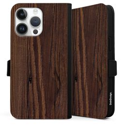 DeinDesign iPhone 14 Pro Max Handy Klapph&uuml;lle Handyh&uuml;lle aus Kunst Leder schwarz Flip Case Wooden Look Wood Nut Tree Sideflip mit Lasche