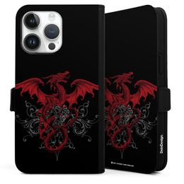DeinDesign iPhone 14 Pro Max Handy Klapph&uuml;lle Handyh&uuml;lle aus Kunst Leder schwarz Flip Case Red Dragon Gothic Sideflip mit Lasche