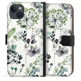 DeinDesign iPhone 14 Plus Handy Klapph&uuml;lle Handyh&uuml;lle aus Kunst Leder schwarz Flip Case Flowers Water Colour Eukalyptus Sideflip mit langer Lasche