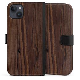 DeinDesign iPhone 14 Plus Handy Klapph&uuml;lle Handyh&uuml;lle aus Kunst Leder schwarz Flip Case Wooden Look Wood Nut Tree Sideflip mit langer Lasche