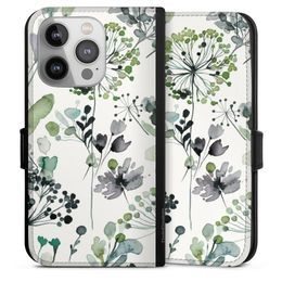 DeinDesign iPhone 14 Pro Handy Klapph&uuml;lle Handyh&uuml;lle aus Kunst Leder schwarz Flip Case Flowers Water Colour Eukalyptus Sideflip mit langer Lasche
