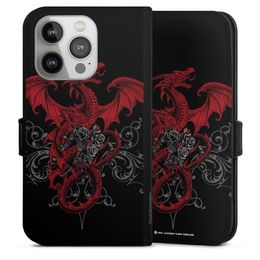 DeinDesign iPhone 14 Pro Handy Klapph&uuml;lle Handyh&uuml;lle aus Kunst Leder schwarz Flip Case Red Dragon Gothic Sideflip mit langer Lasche