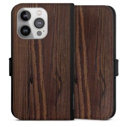 DeinDesign iPhone 14 Pro Handy Klapph&uuml;lle Handyh&uuml;lle aus Kunst Leder schwarz Flip Case Wooden Look Wood Nut Tree Sideflip mit langer Lasche
