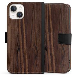 DeinDesign iPhone 14 Handy Klapph&uuml;lle Handyh&uuml;lle aus Kunst Leder schwarz Flip Case Wooden Look Wood Nut Tree Sideflip mit Lasche