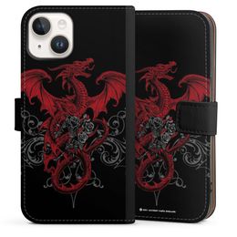 DeinDesign iPhone 14 Handy Klapph&uuml;lle Handyh&uuml;lle aus Kunst Leder schwarz Flip Case Red Dragon Gothic Sideflip mit Lasche